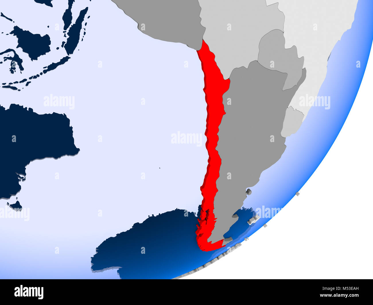 3D render of Chile on political globe with transparent oceans. 3D ...
