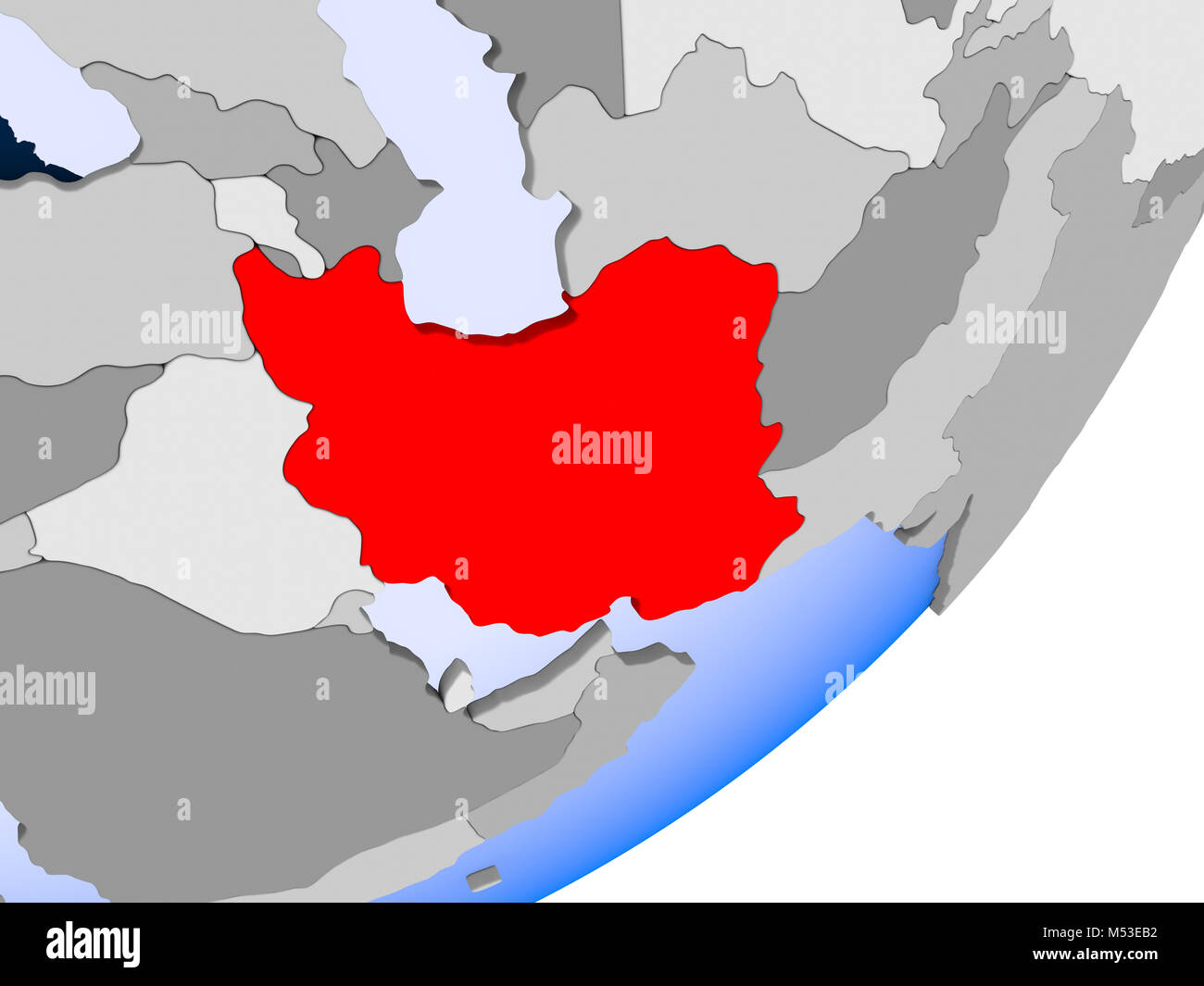 3D render of Iran on political globe with transparent oceans. 3D ...