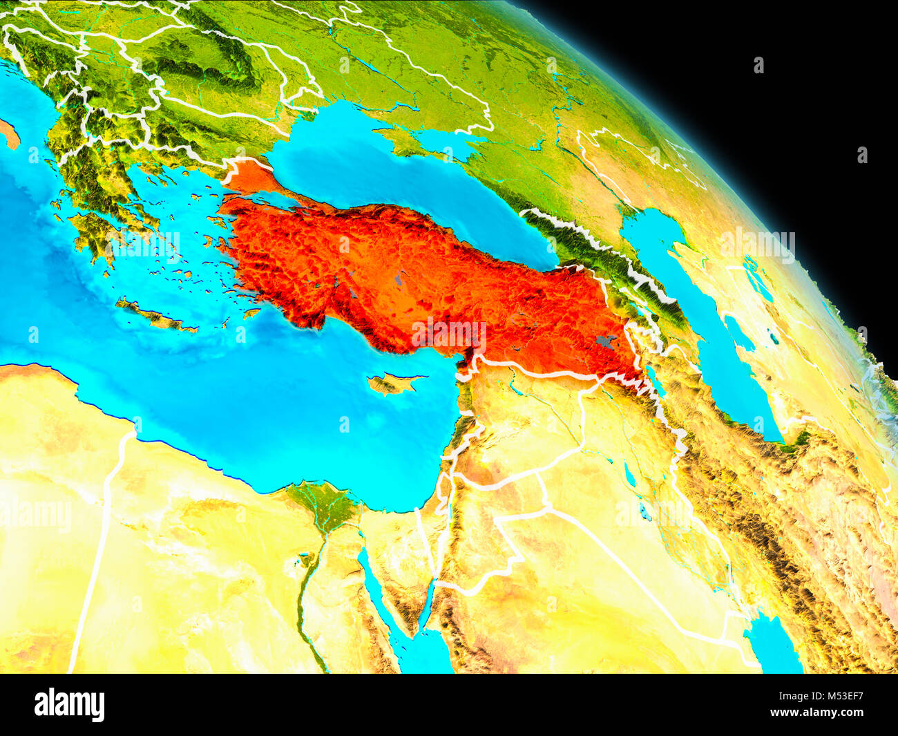 Space orbit view of Turkey highlighted in red on planet Earth with ...