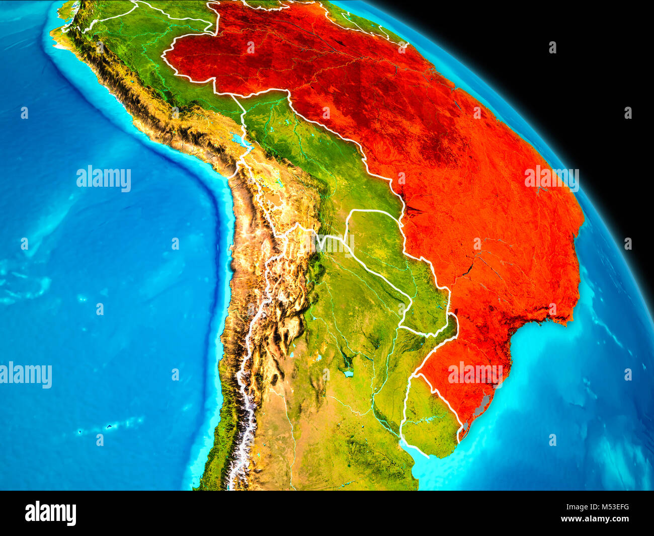 Space orbit view of Brazil highlighted in red on planet Earth with visible borders. 3D ...