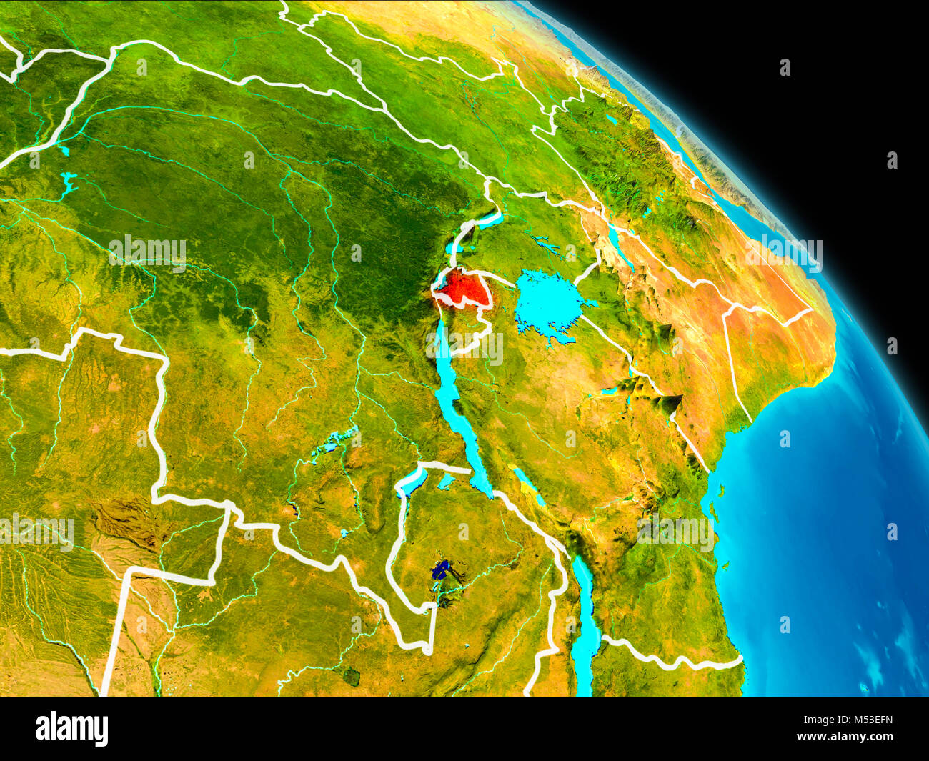 Space orbit view of Rwanda highlighted in red on planet Earth with visible borders. 3D ...