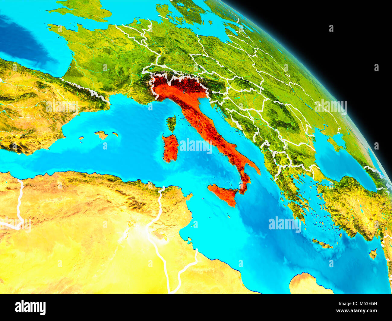 Space orbit view of Italy highlighted in red on planet Earth with ...