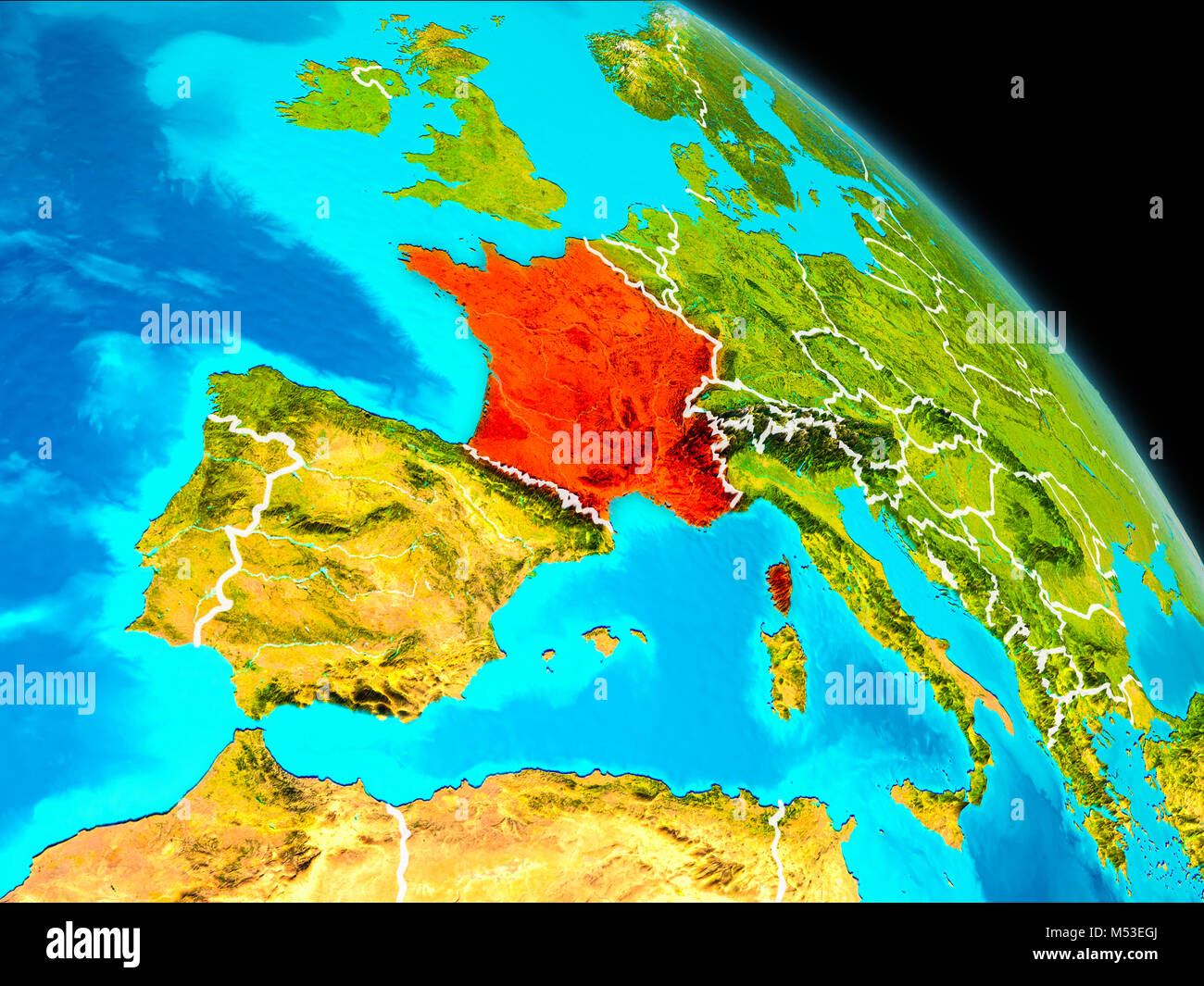 Space orbit view of France highlighted in red on planet Earth with ...