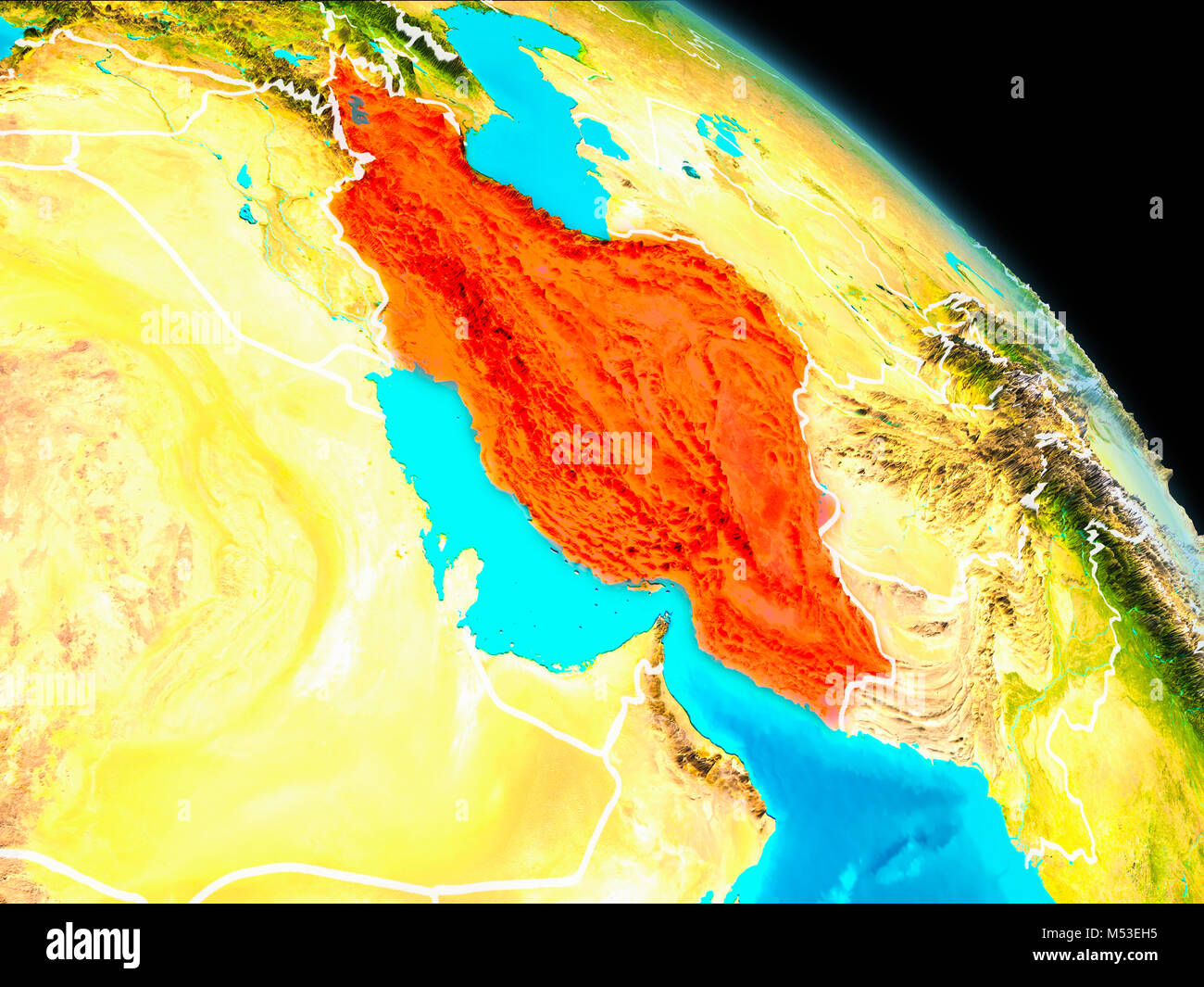 Space orbit view of Iran highlighted in red on planet Earth with visible borders. 3D ...