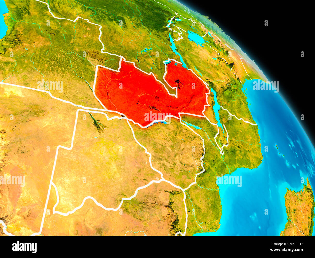 Space orbit view of Zambia highlighted in red on planet Earth with visible borders. 3D ...