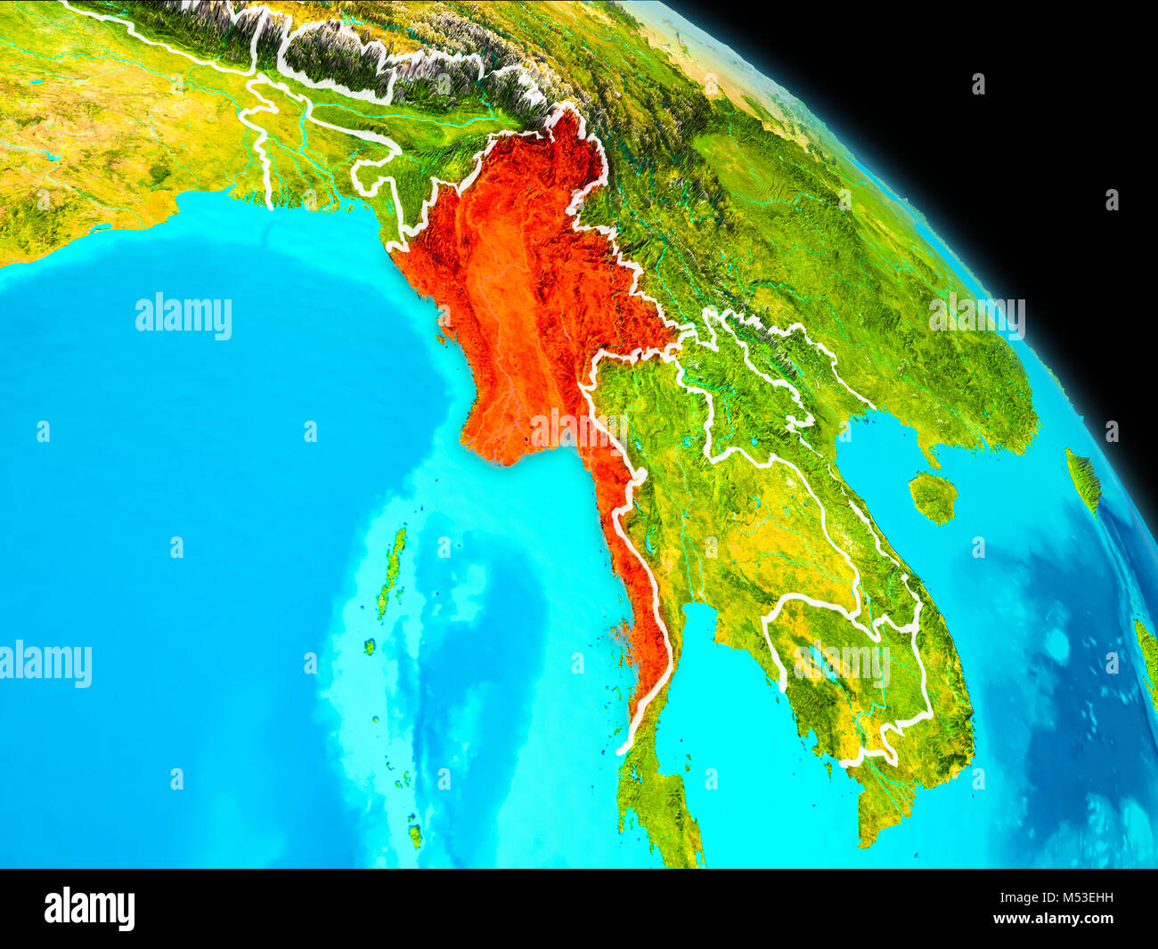 Space orbit view of Myanmar highlighted in red on planet Earth with ...