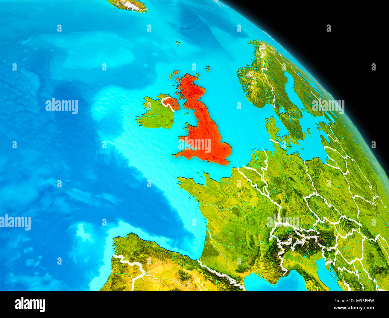 Space orbit view of United Kingdom highlighted in red on planet Earth ...