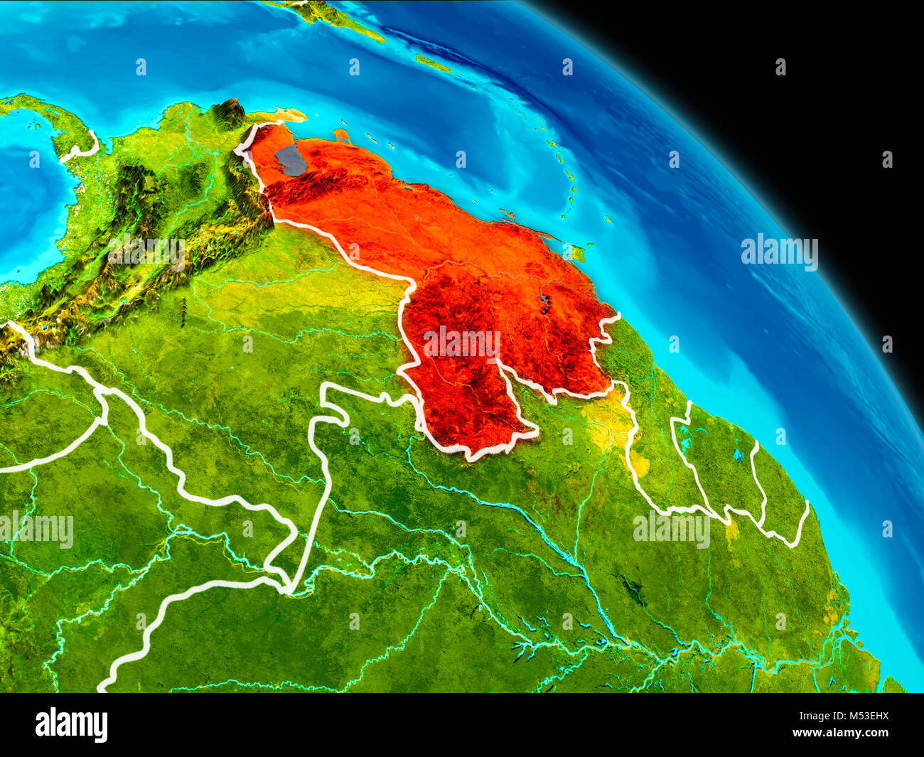 Space orbit view of Venezuela highlighted in red on planet Earth with ...