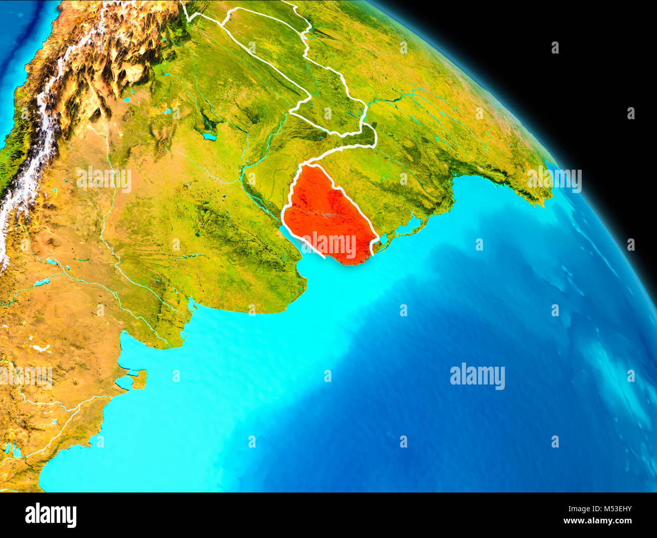 Space orbit view of Uruguay highlighted in red on planet Earth with ...