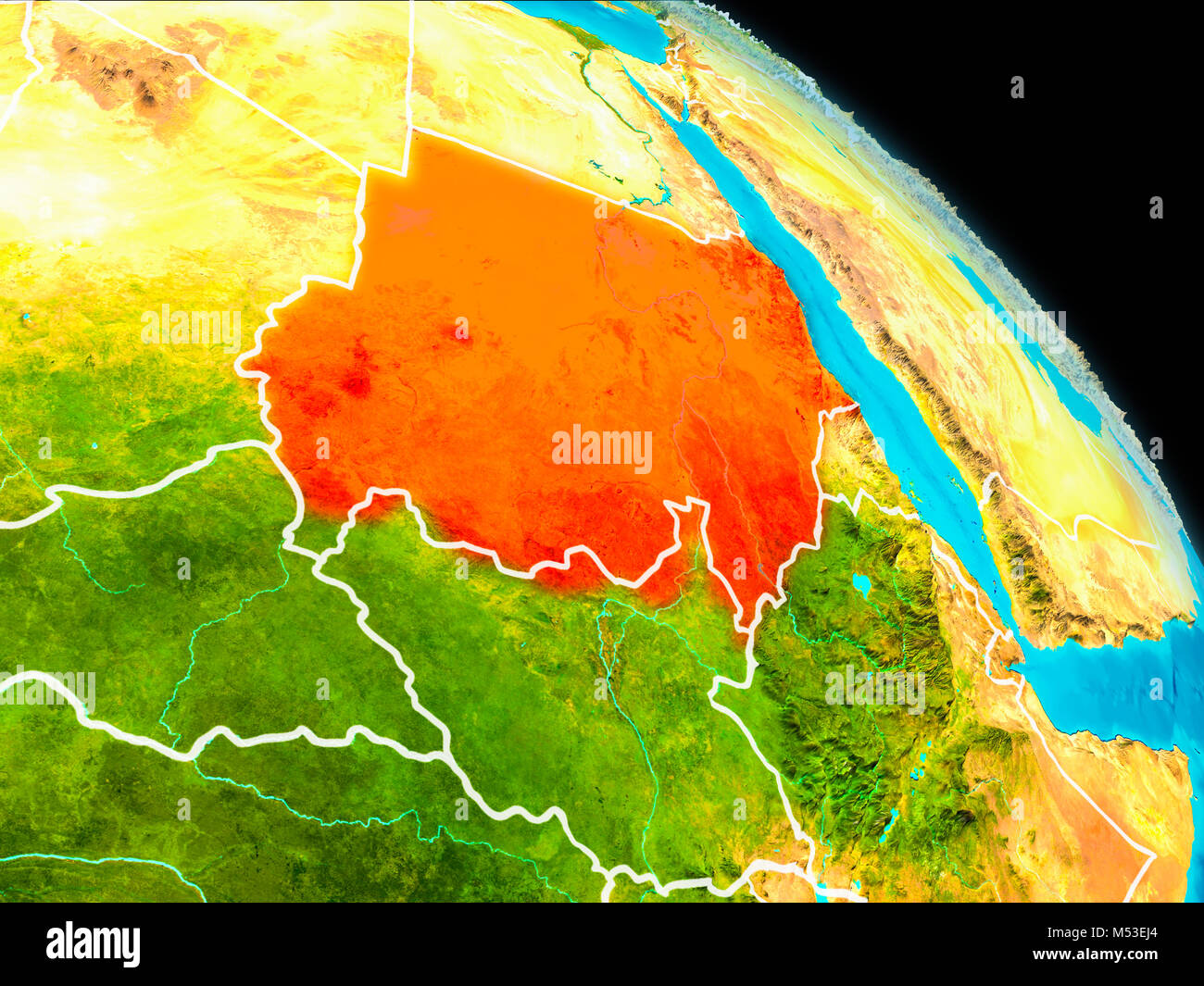 Space orbit view of Sudan highlighted in red on planet Earth with visible borders. 3D ...