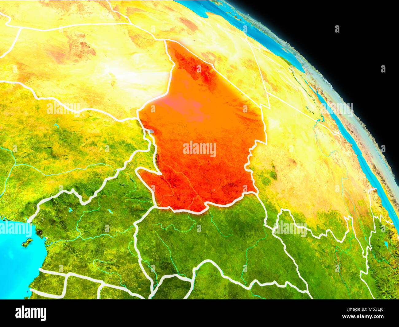 Space orbit view of Chad highlighted in red on planet Earth with ...