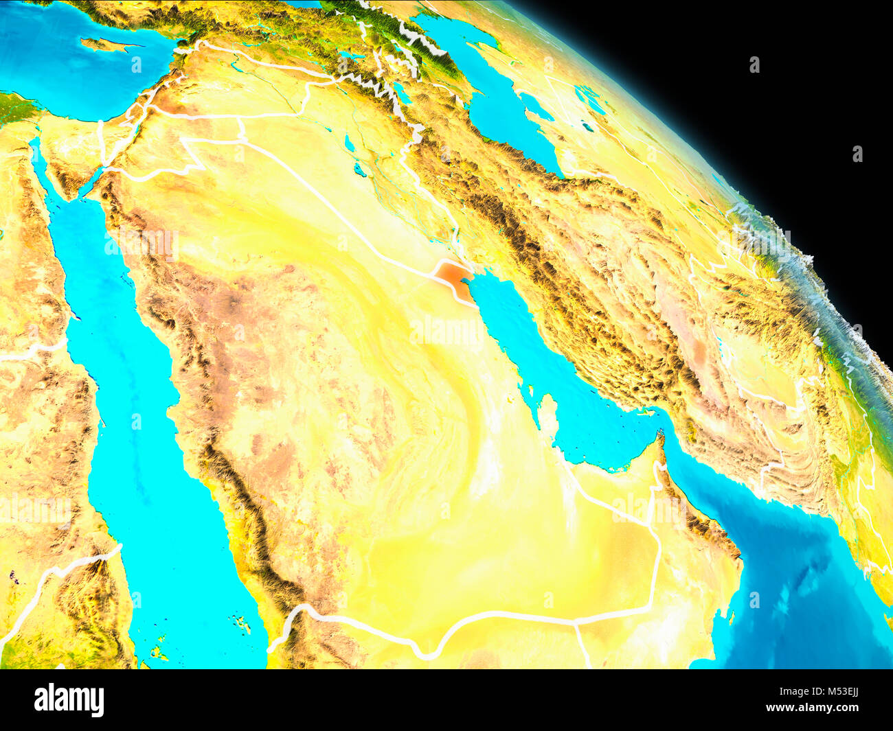 Space orbit view of Kuwait highlighted in red on planet Earth with visible borders. 3D ...