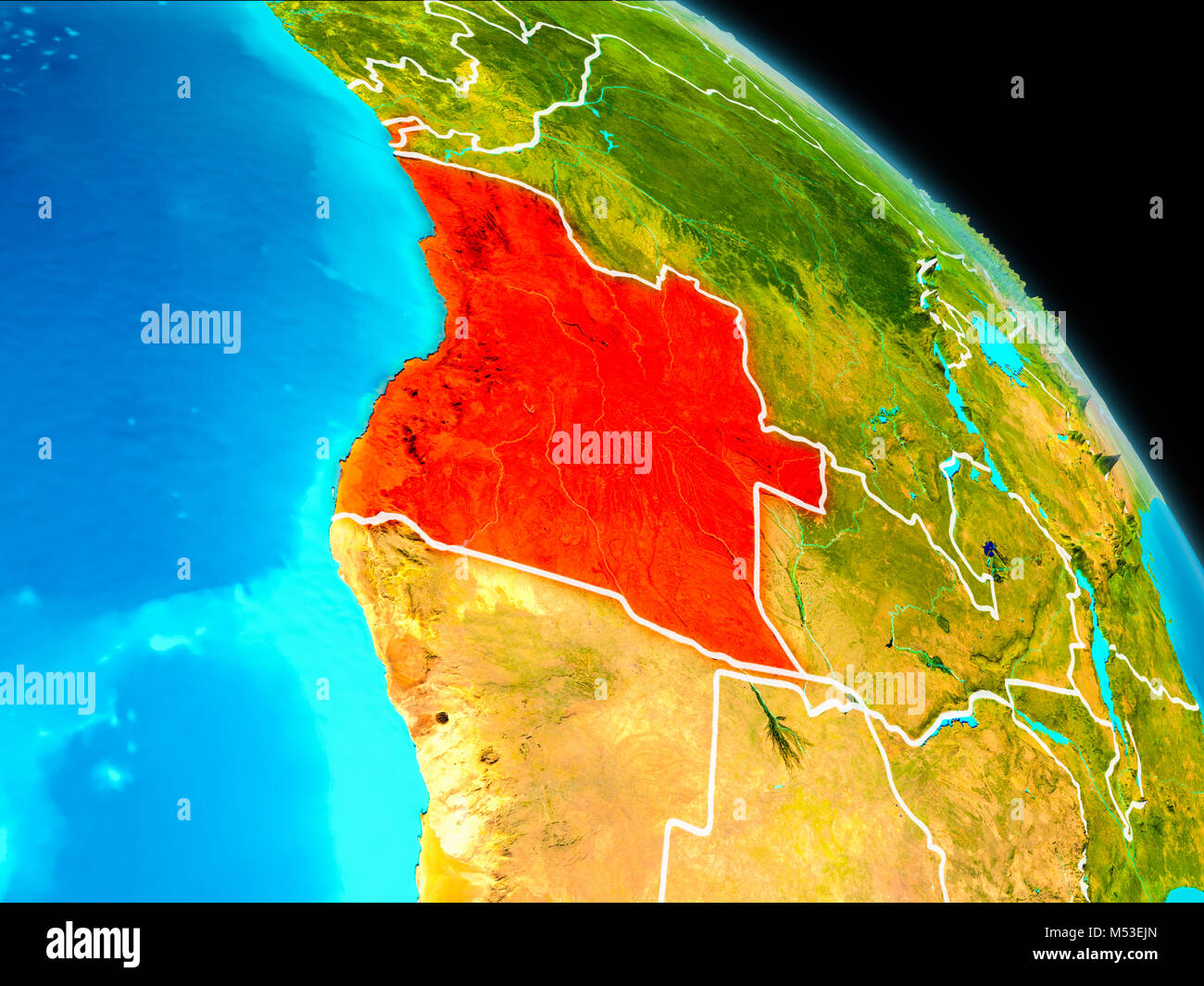 Space orbit view of Angola highlighted in red on planet Earth with visible borders. 3D ...