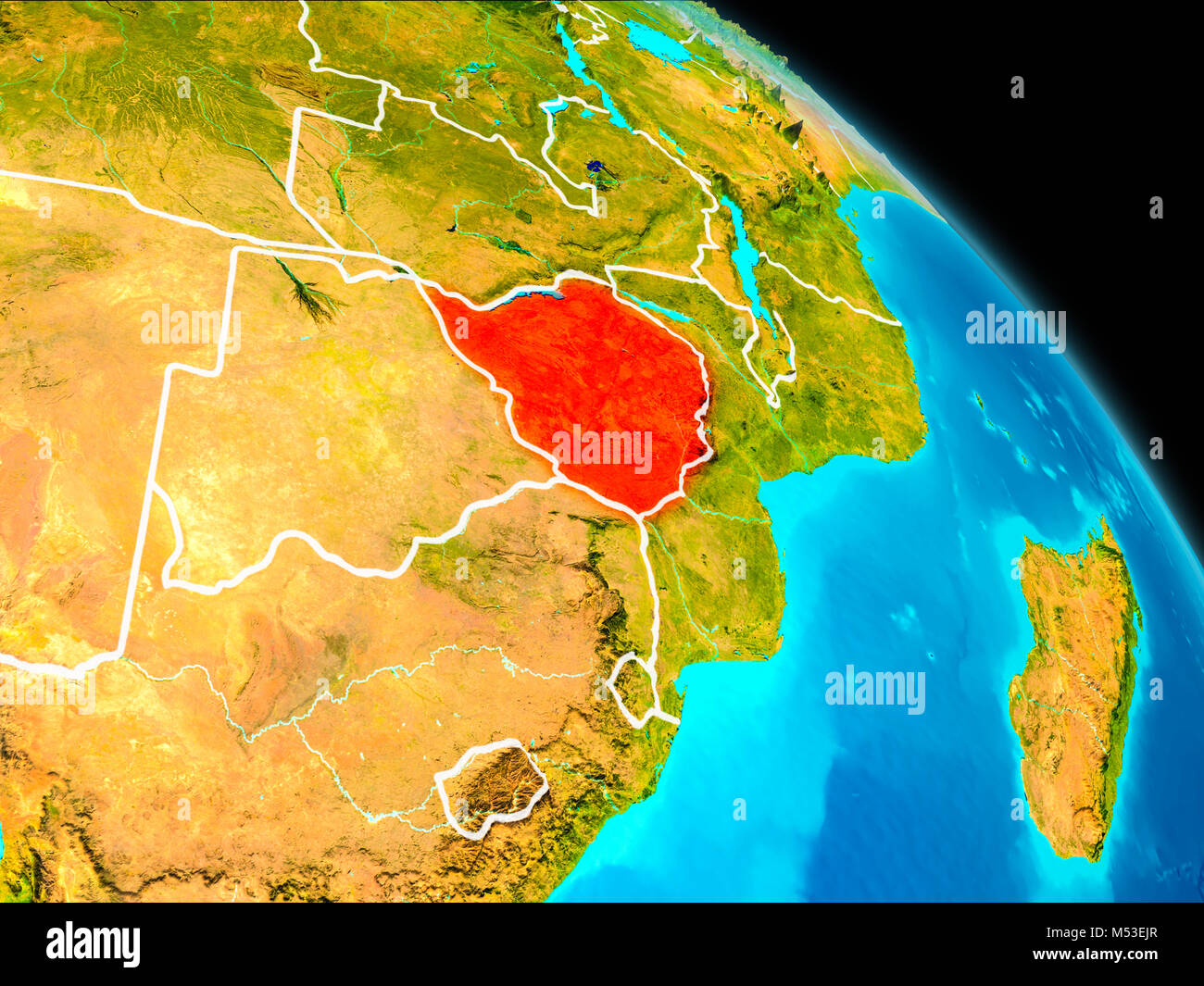 Space orbit view of Zimbabwe highlighted in red on planet Earth with visible borders. 3D ...