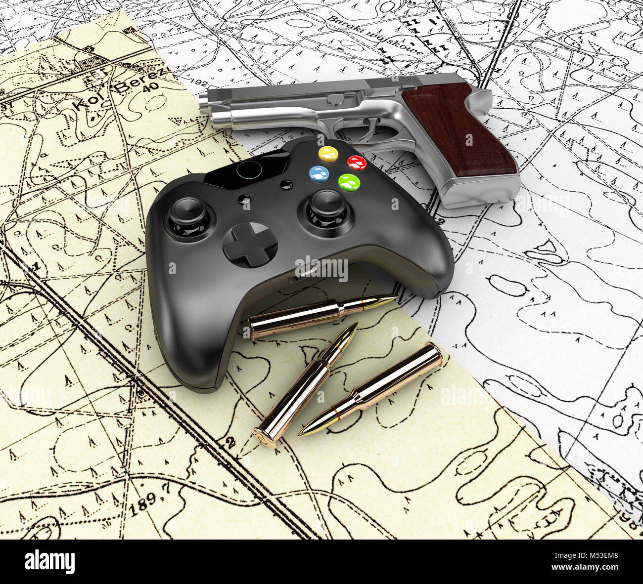 video game controller with gun on the maps, 3d Illustration Stock Photo ...