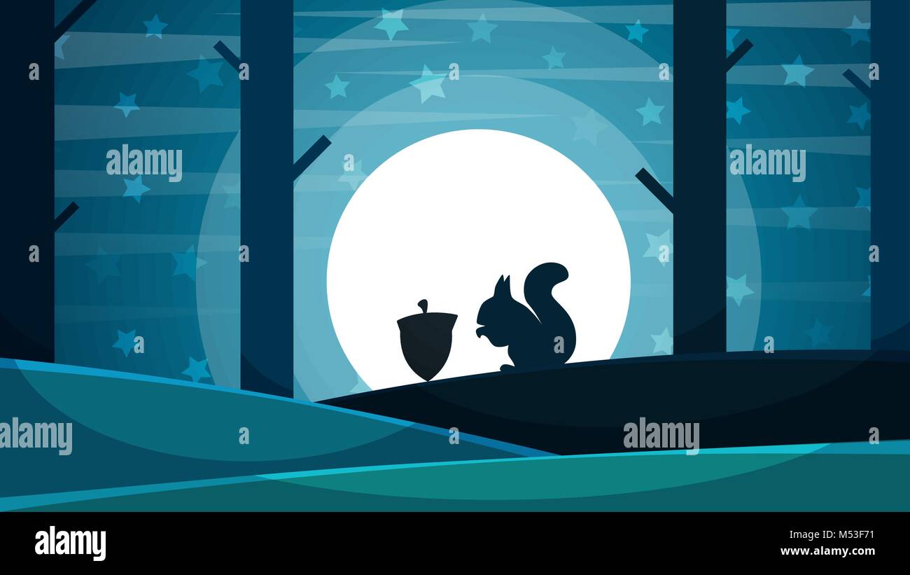 Paper night landscape. Squirrel jump illustration. Star, forest, tree ...