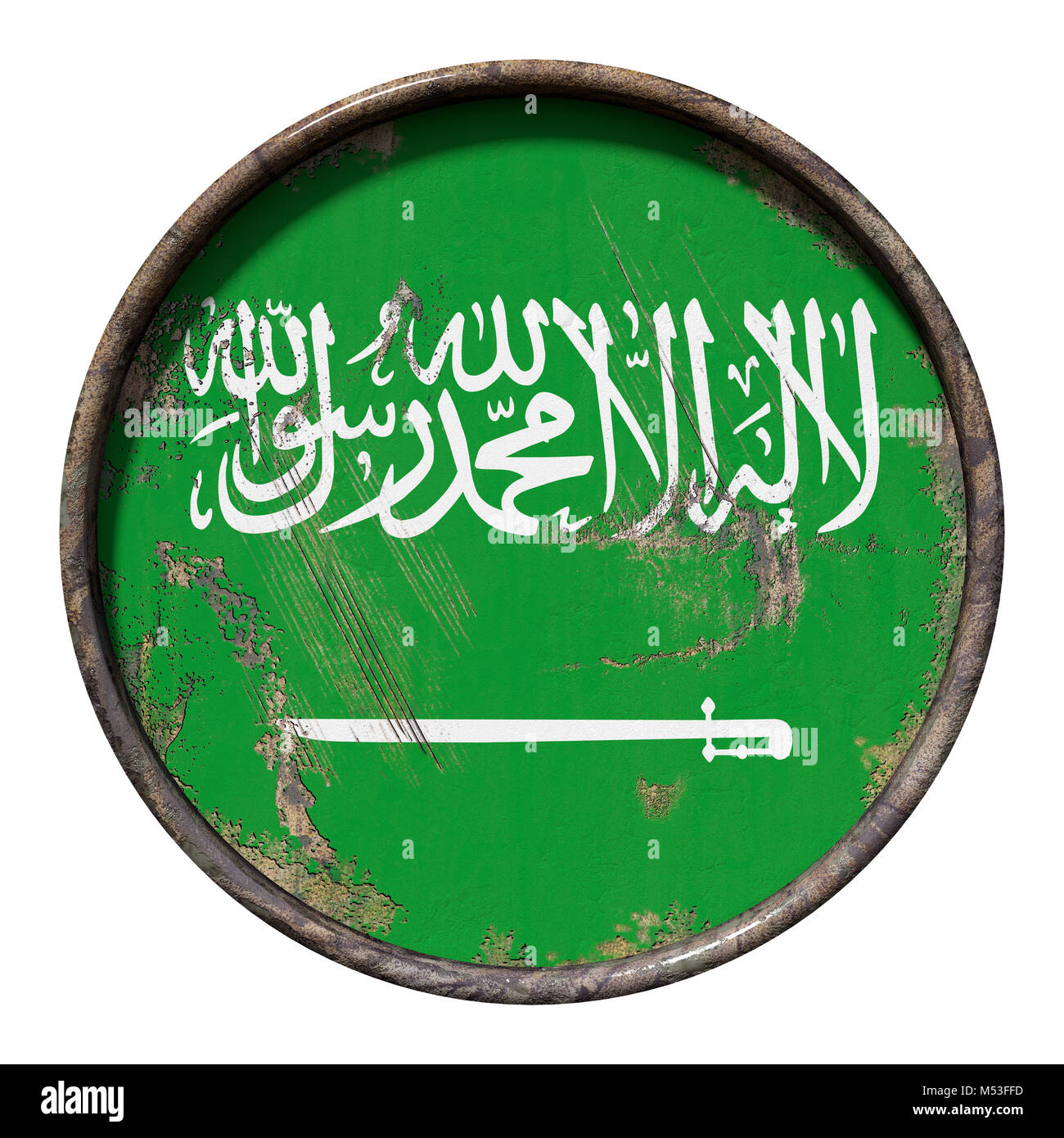 3d rendering of a Saudi Arabia flag over a rusty metallic plate ...
