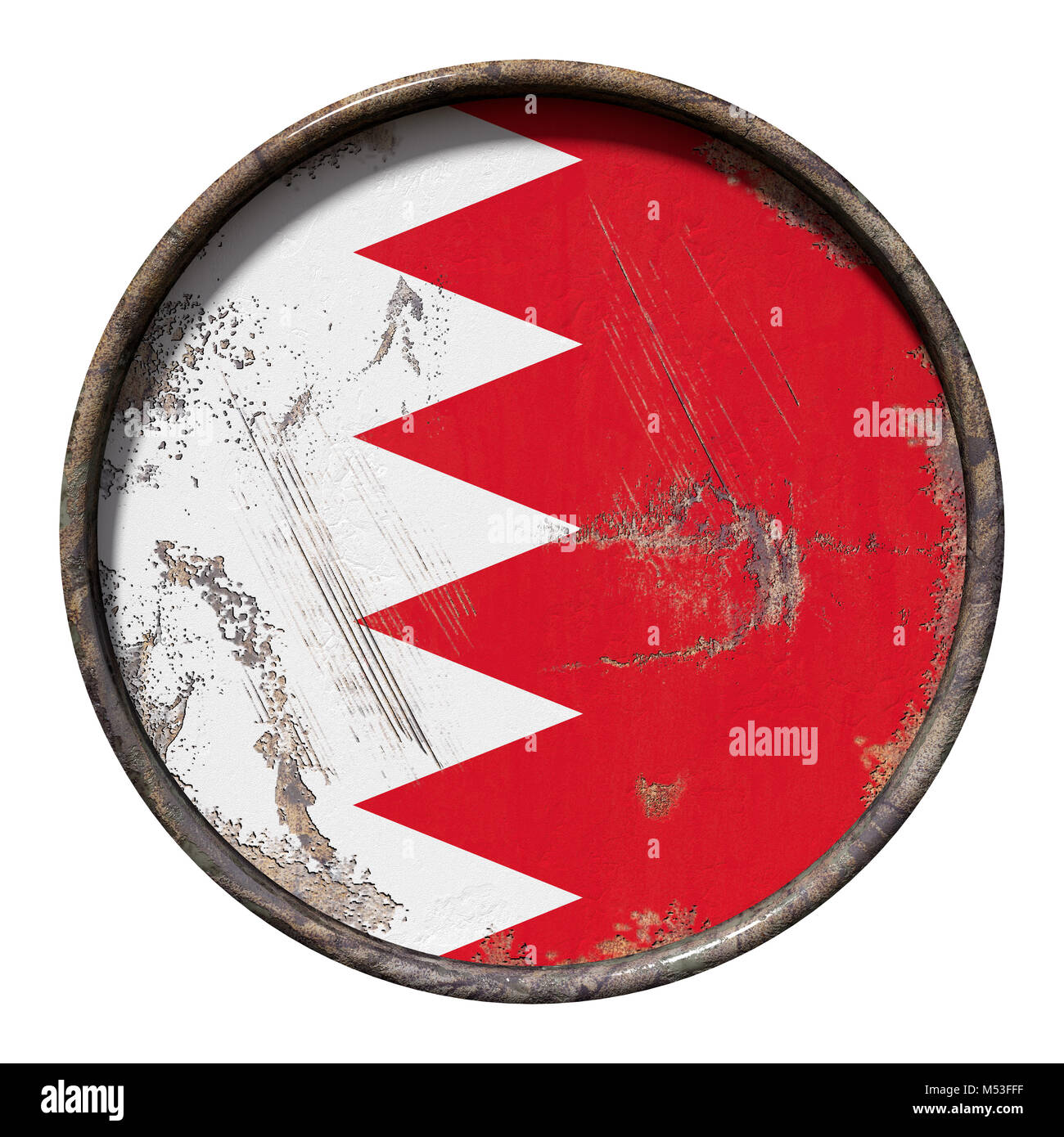 3d rendering of a Bahrain flag over a rusty metallic plate. Isolated on ...