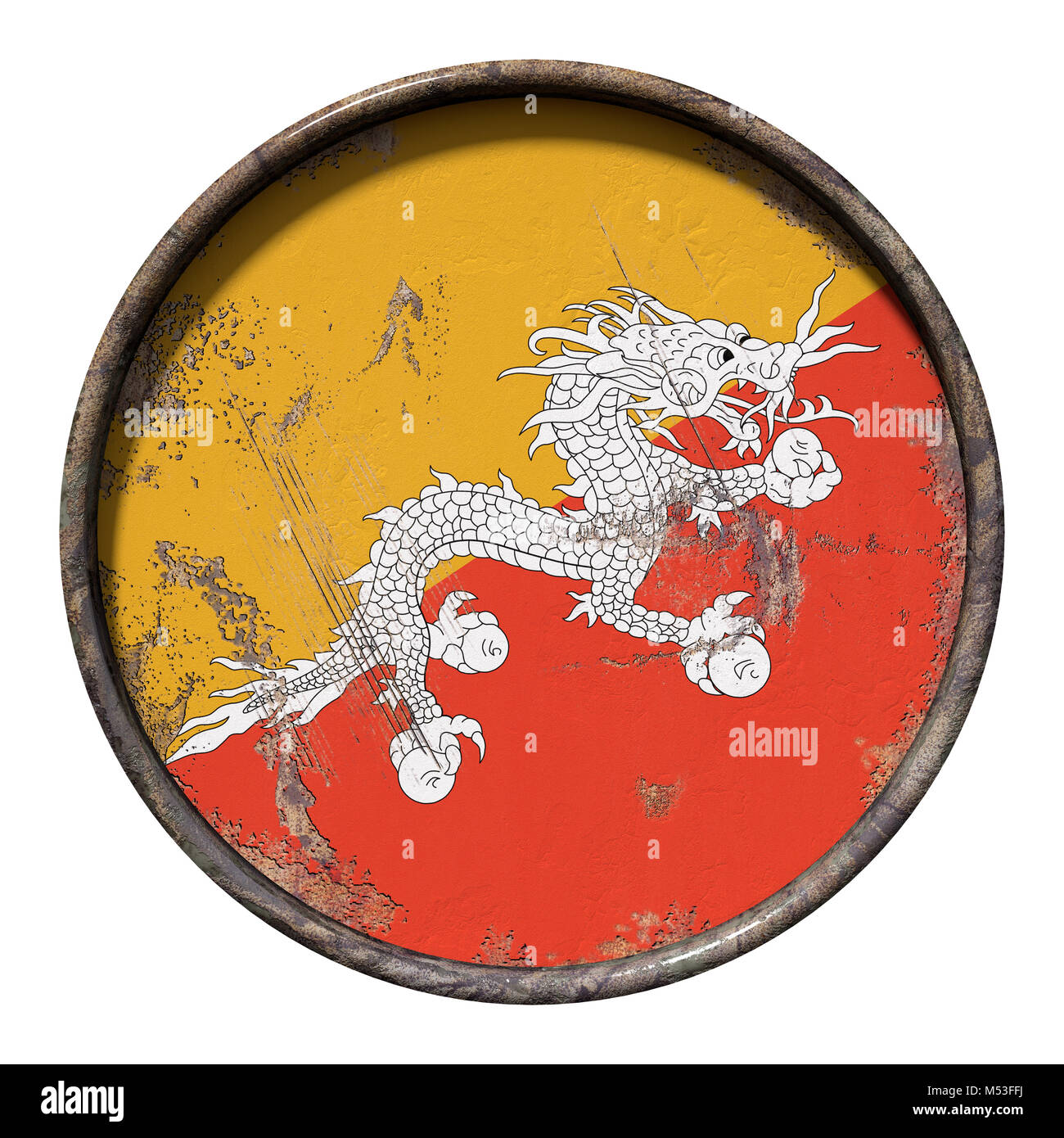 3d rendering of a Bhutan flag over a rusty metallic plate. Isolated on ...