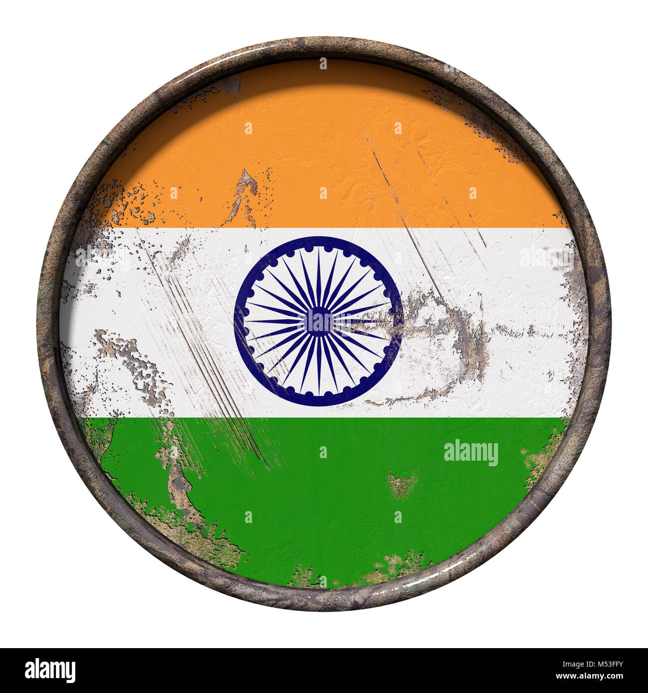 3d rendering of an India flag over a rusty metallic plate. Isolated on ...