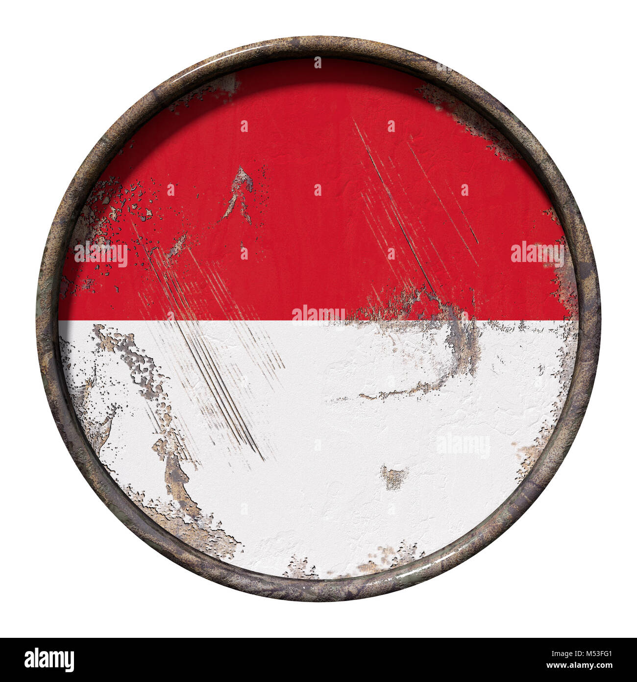 3d rendering of an Indonesia flag over a rusty metallic plate. Isolated ...
