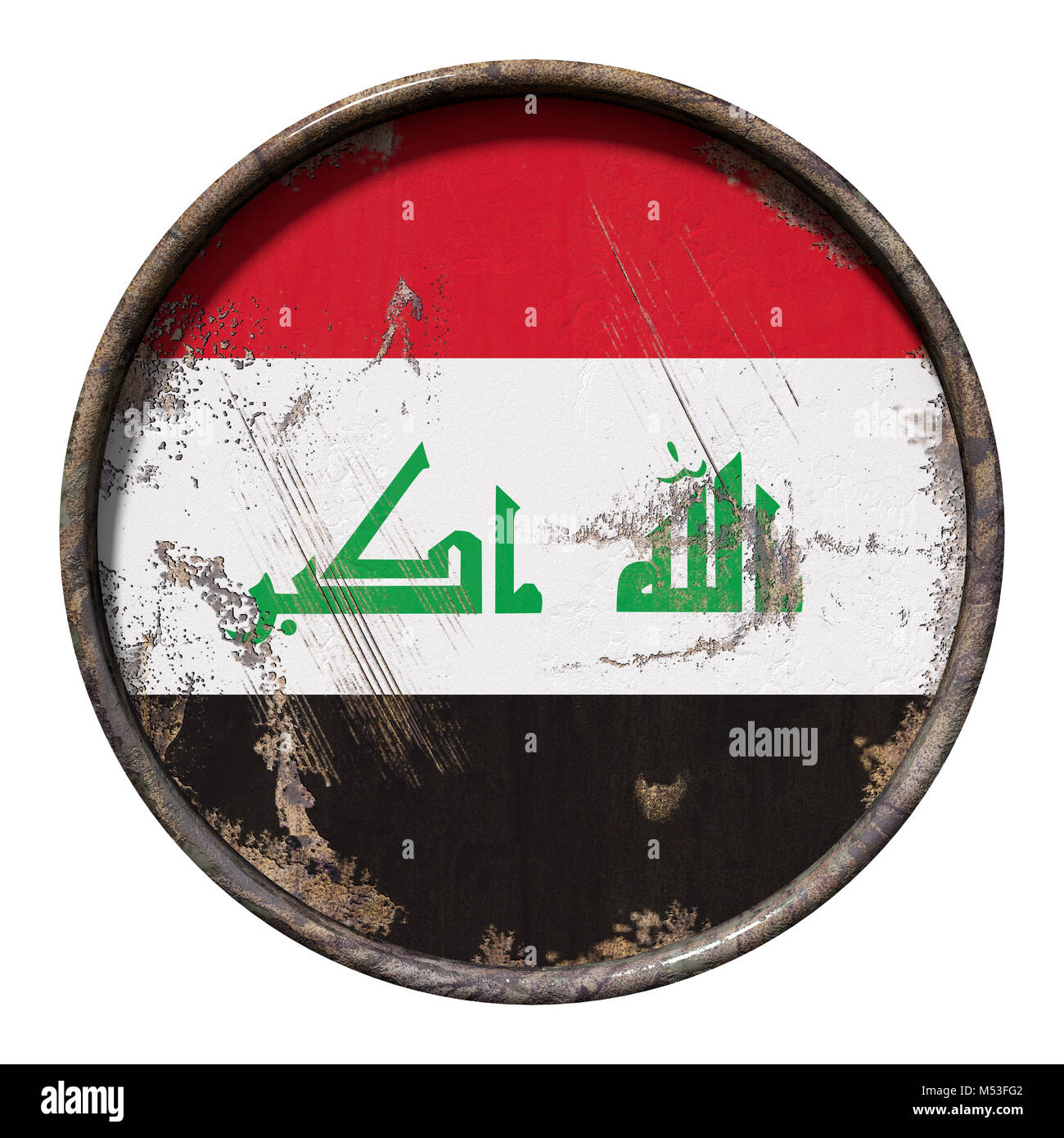 3d rendering of an Iraq flag over a rusty metallic plate. Isolated on ...