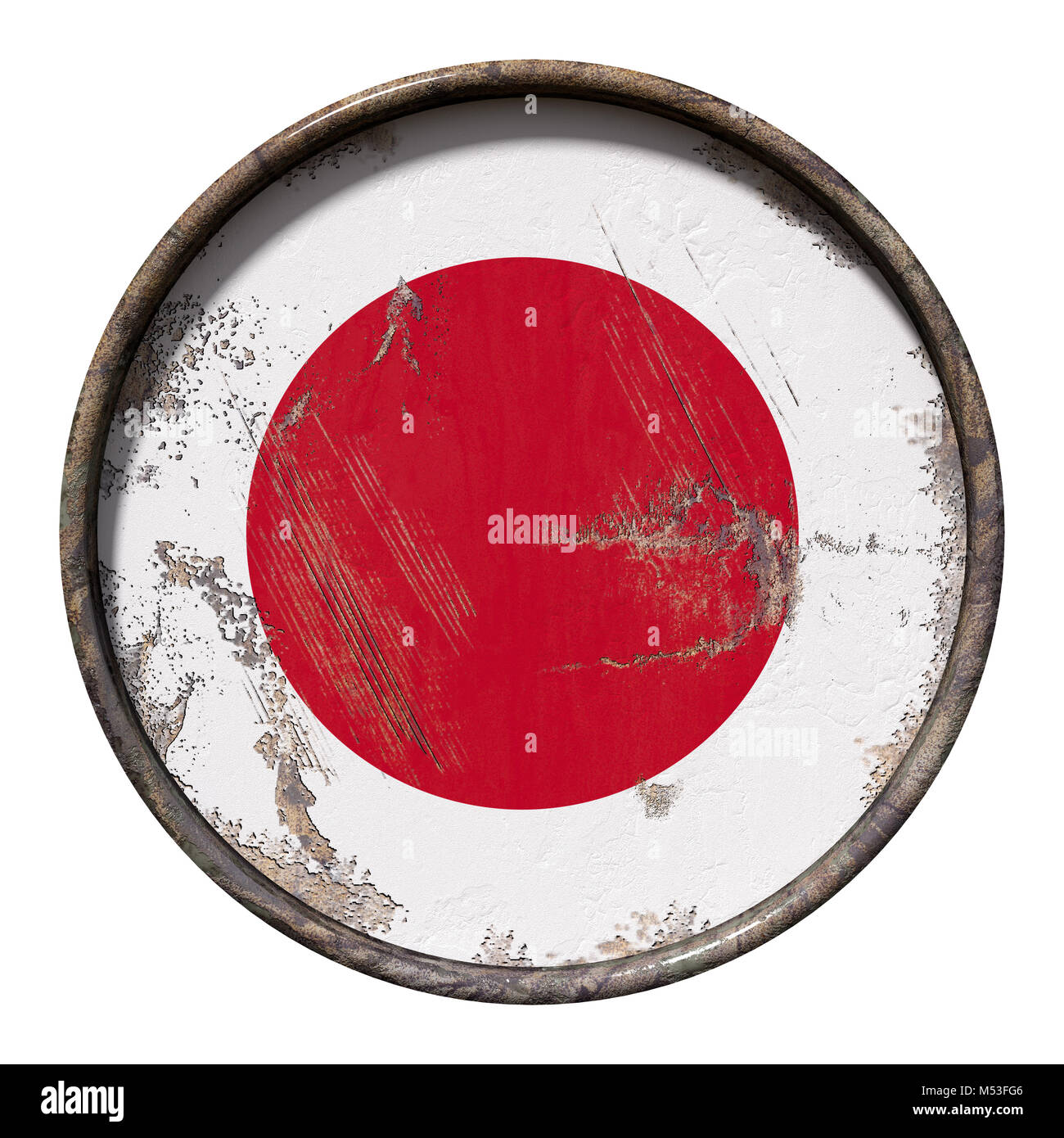 3d rendering of a Japan flag over a rusty metallic plate. Isolated on ...