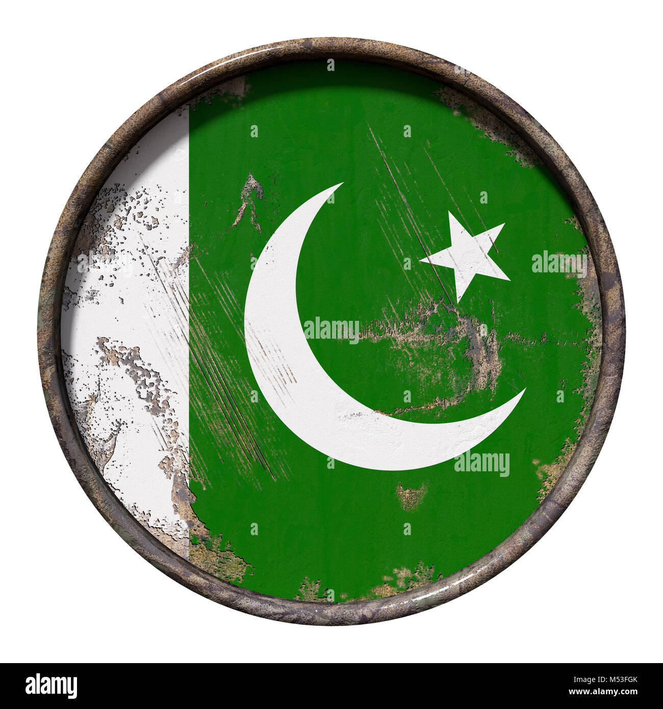 3d rendering of a Pakistan flag over a rusty metallic plate. Isolated ...