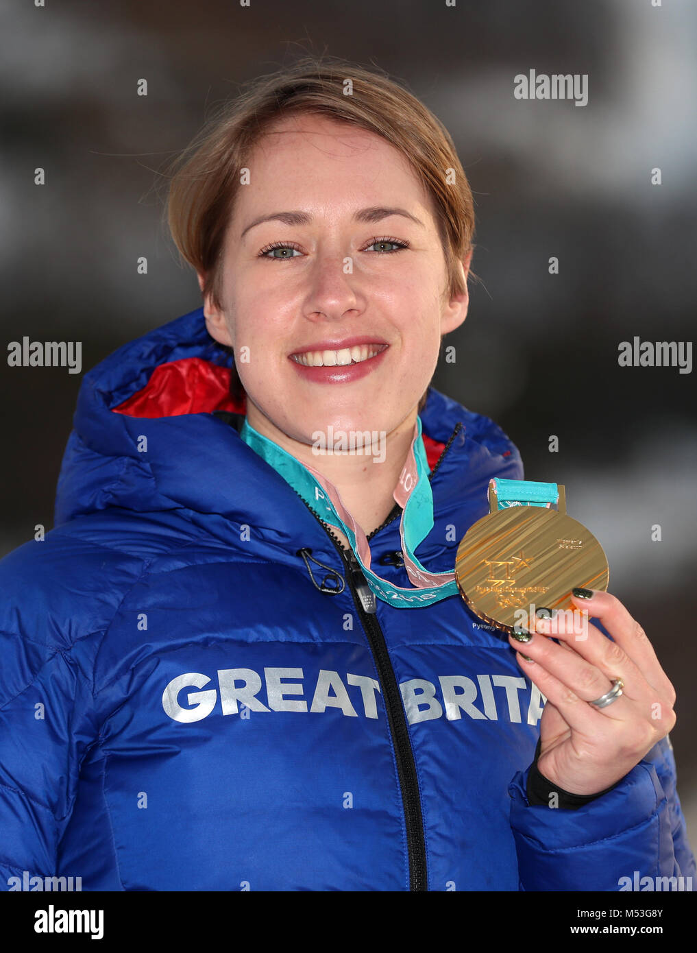 Great Britain's Lizzy Yarnold with her Gold medal during a photocall at ...