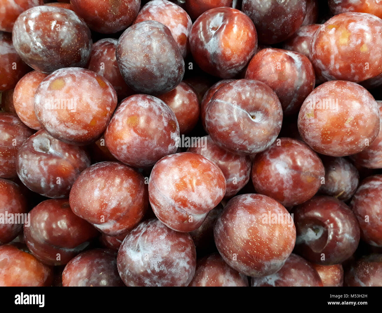 Fresh red plums on the counter, may be used as background Stock Photo ...