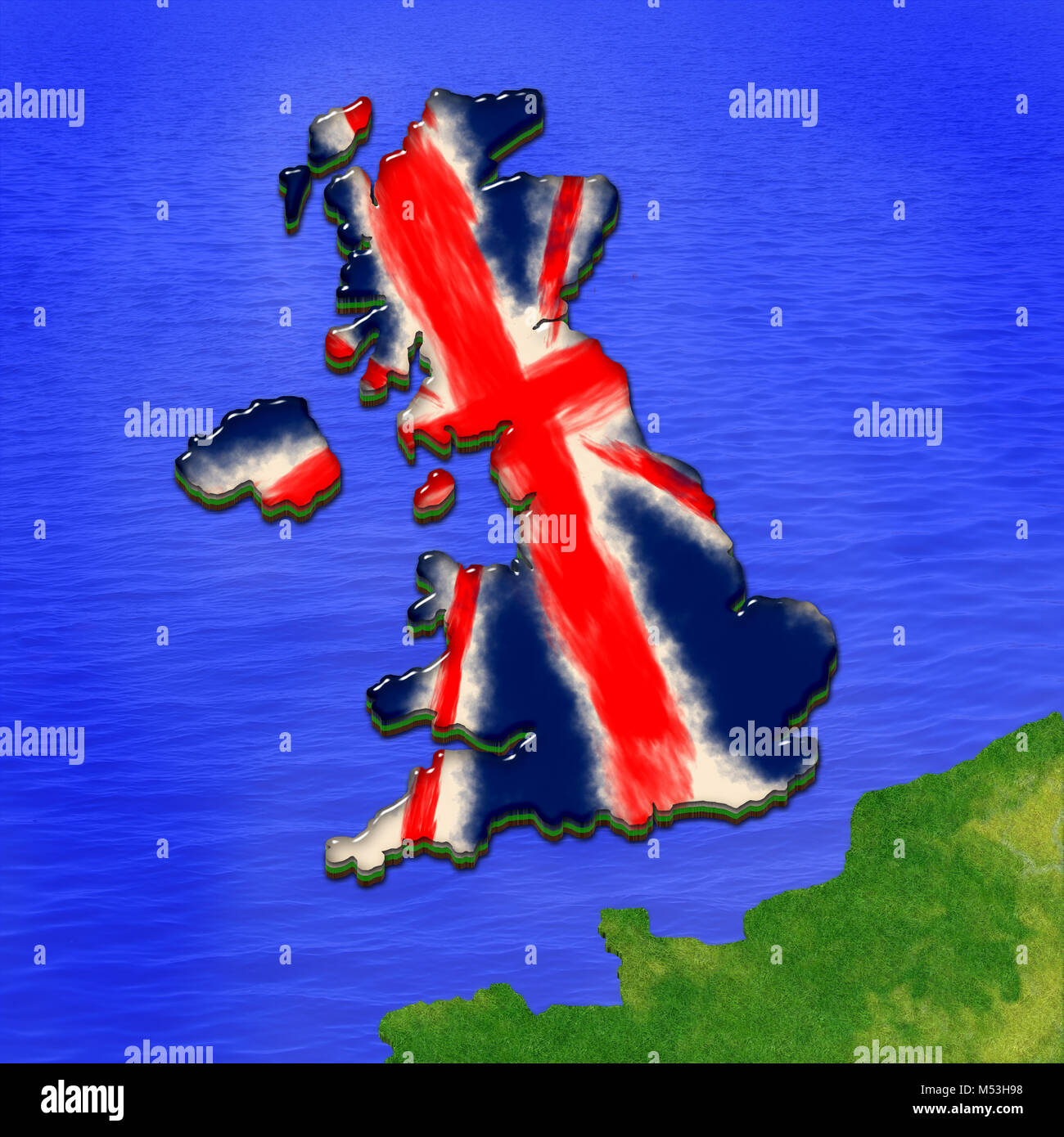 3D map of United Kingdom painted in the colors of UK flag, surrounded ...