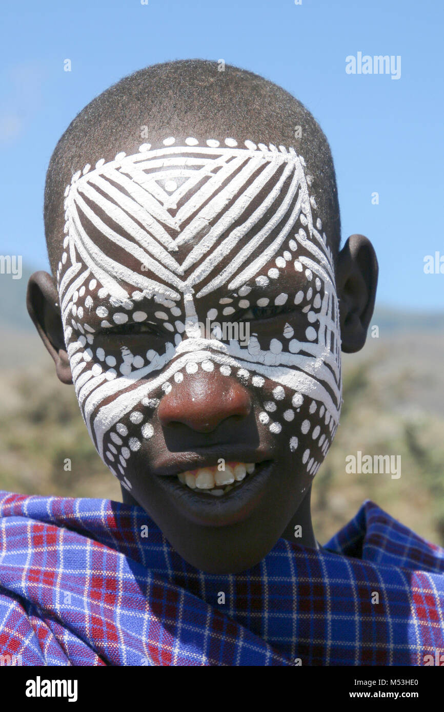 Maasai Boy, With painted face, East Africa, Tanzania, Ngorongoro ...