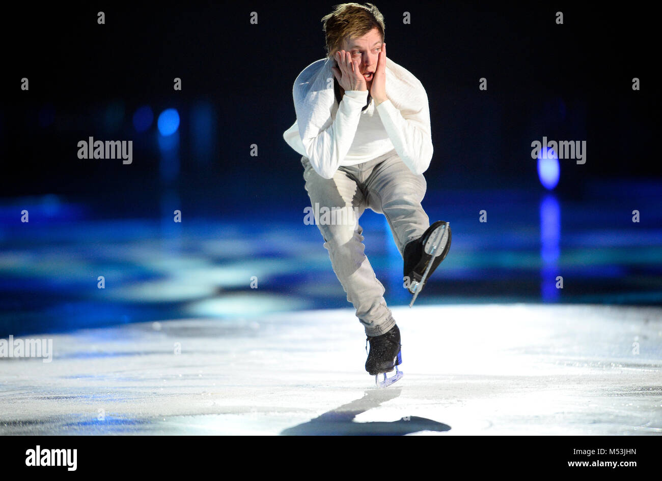WARSAW, POLAND - FEBRUARY 27, 2016:Kings on Ice figure skating jump ...