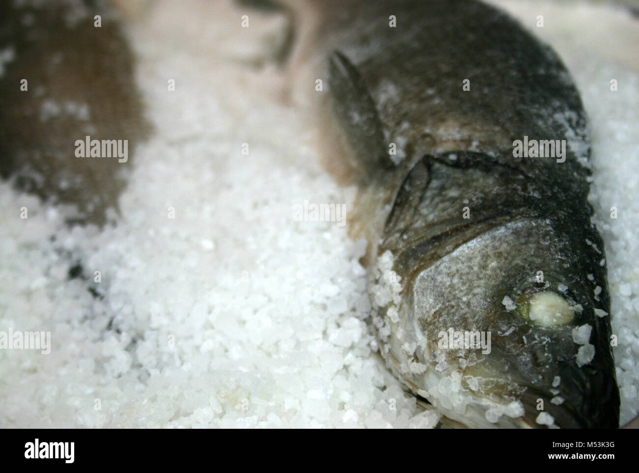 Sea bass fish baked in salt crust Stock Photo - Alamy
