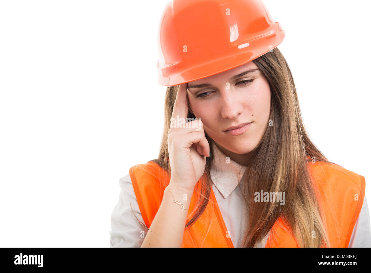 Engineer girl or architect having headache migraine after working to ...