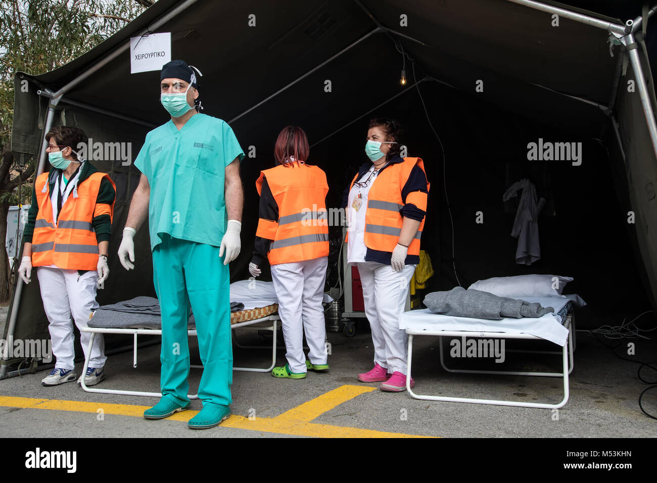 Thessaloniki, Greece - Feb 16, 2018: Doctor during an earthquake ...