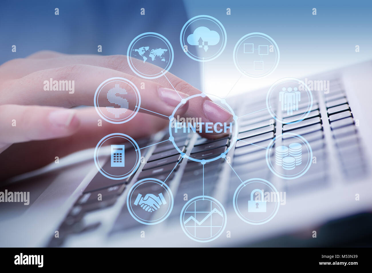 Hands working on laptop in financial technology fintech concept Stock ...