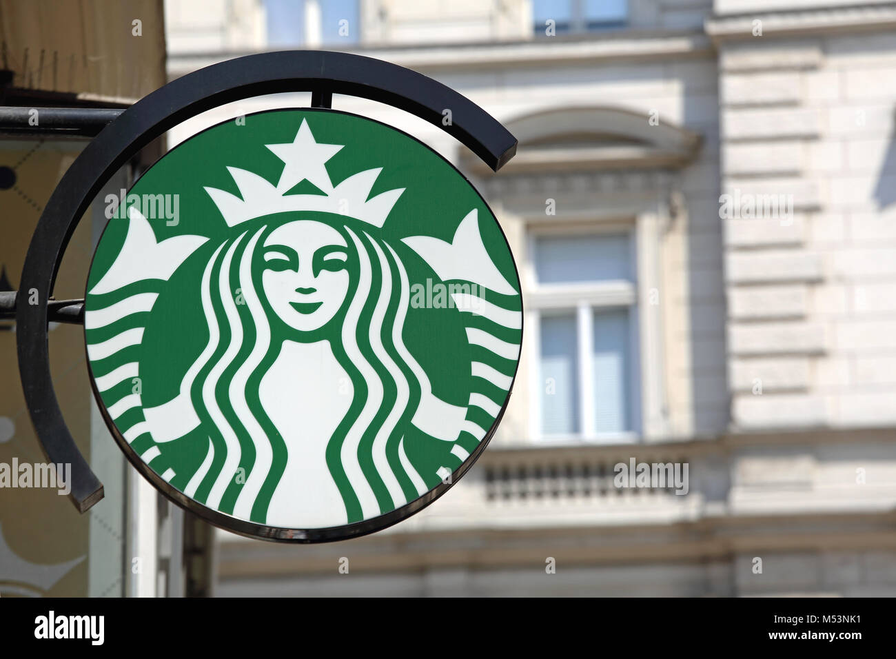 VIENNA, AUSTRIA - JULY 12, 2015: Famous Starbucks Sign at Building in ...