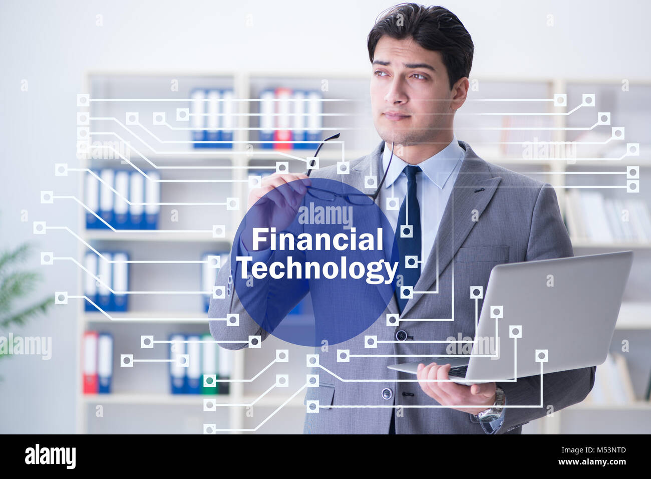 Businesswoman with laptop in financial technology fintech concep Stock ...
