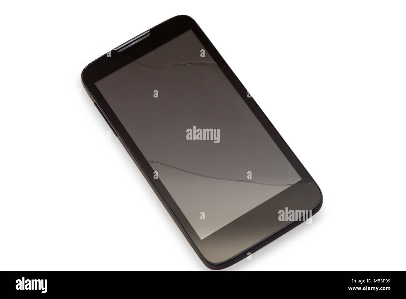 Broken touch screen of modern smart phone. Full length angled view ...