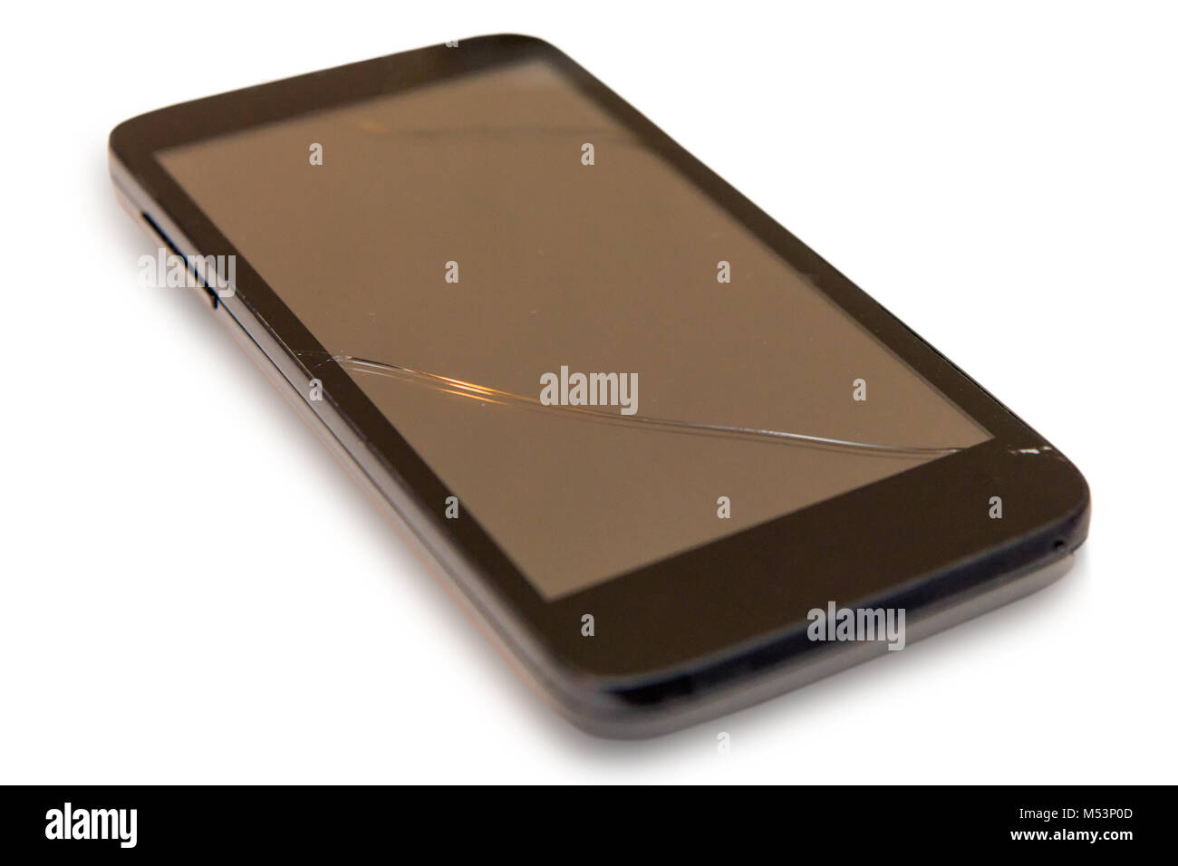 Broken touch screen of modern smart phone. Full length angled view ...