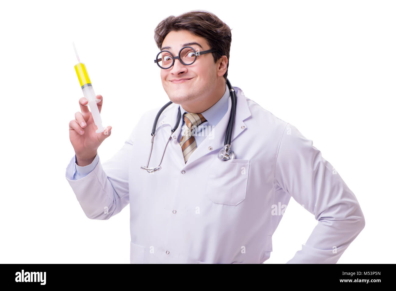 Funny doctor with syringe isolated on white Stock Photo - Alamy