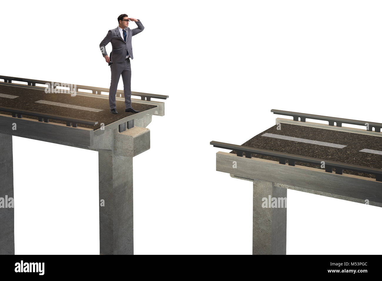Young businessman with broken bridge isolated on white Stock Photo - Alamy