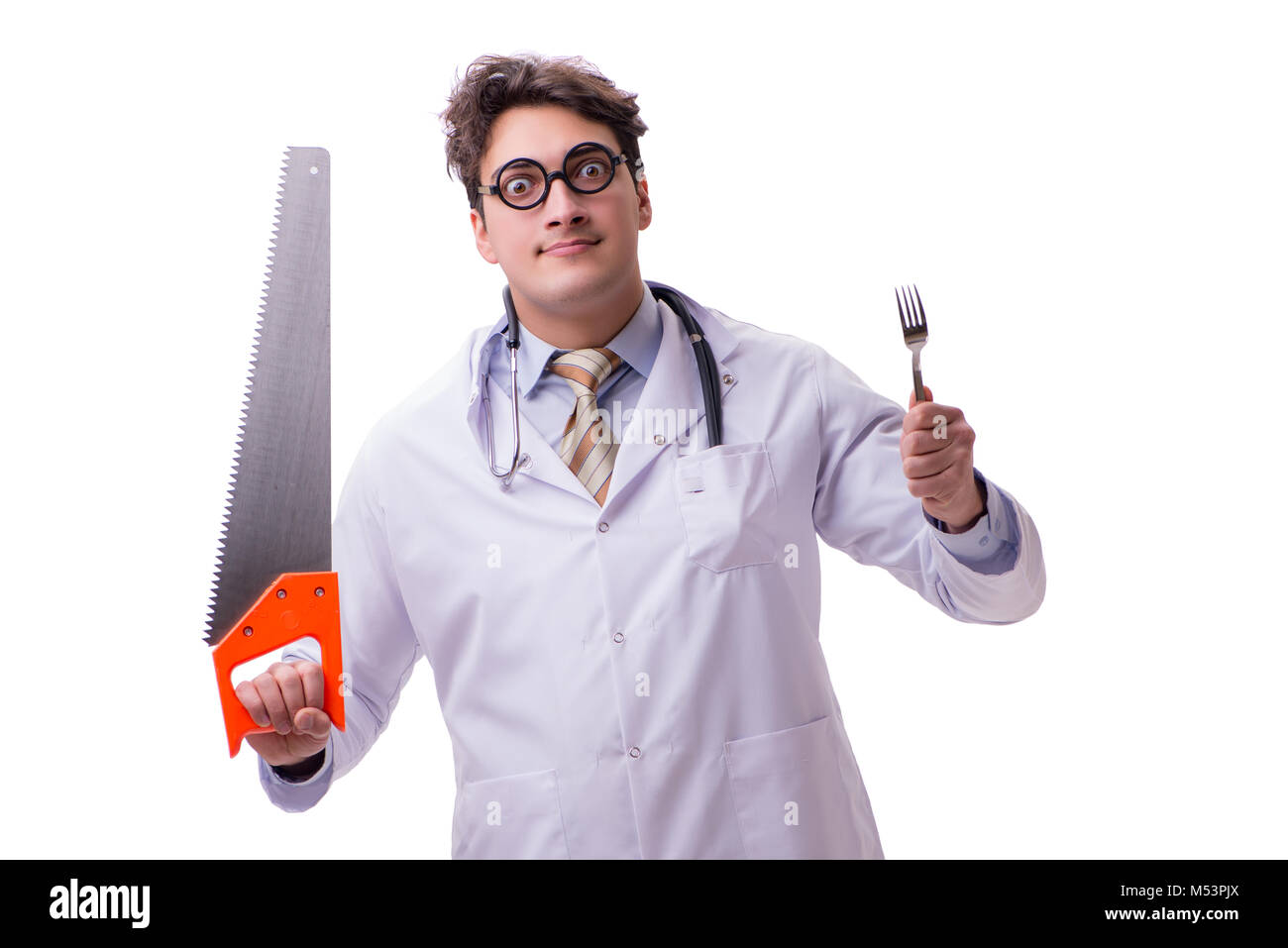 Funny doctor with saw isolated on white Stock Photo - Alamy