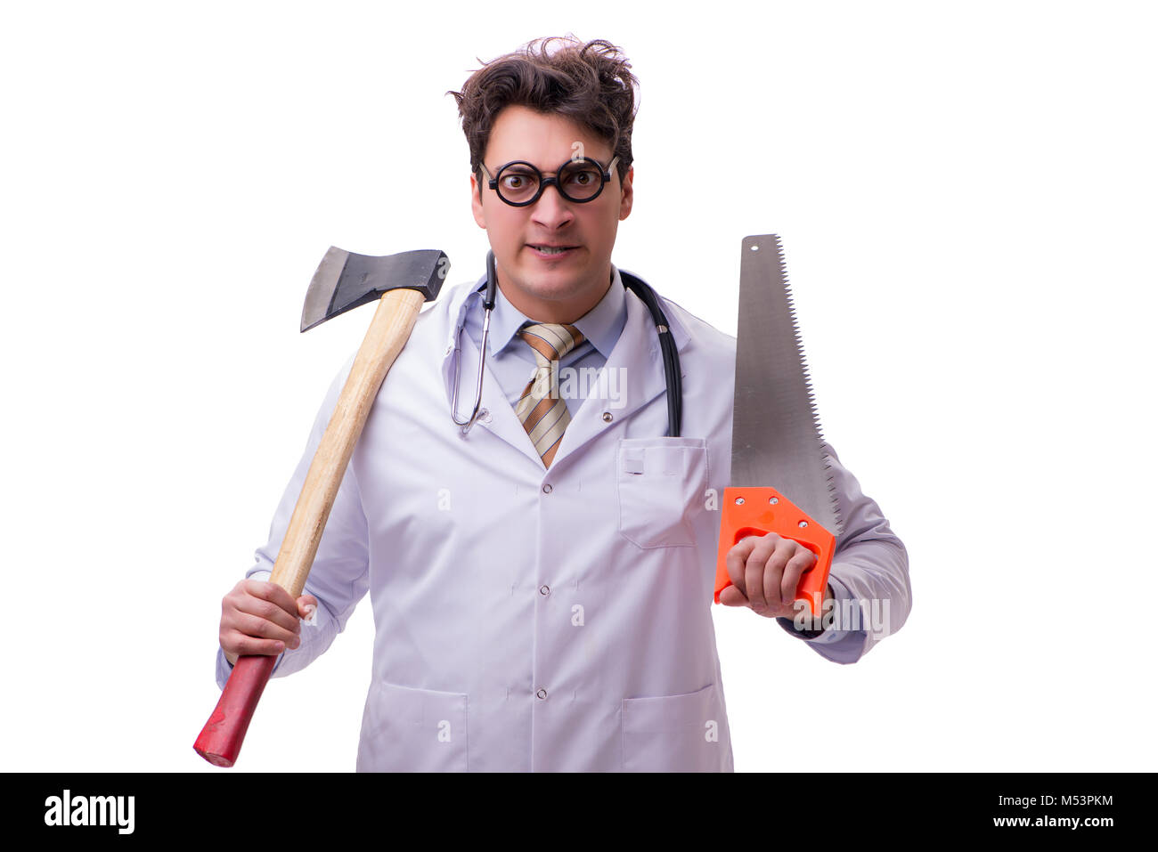 Funny doctor with axe and saw isolated on white Stock Photo - Alamy