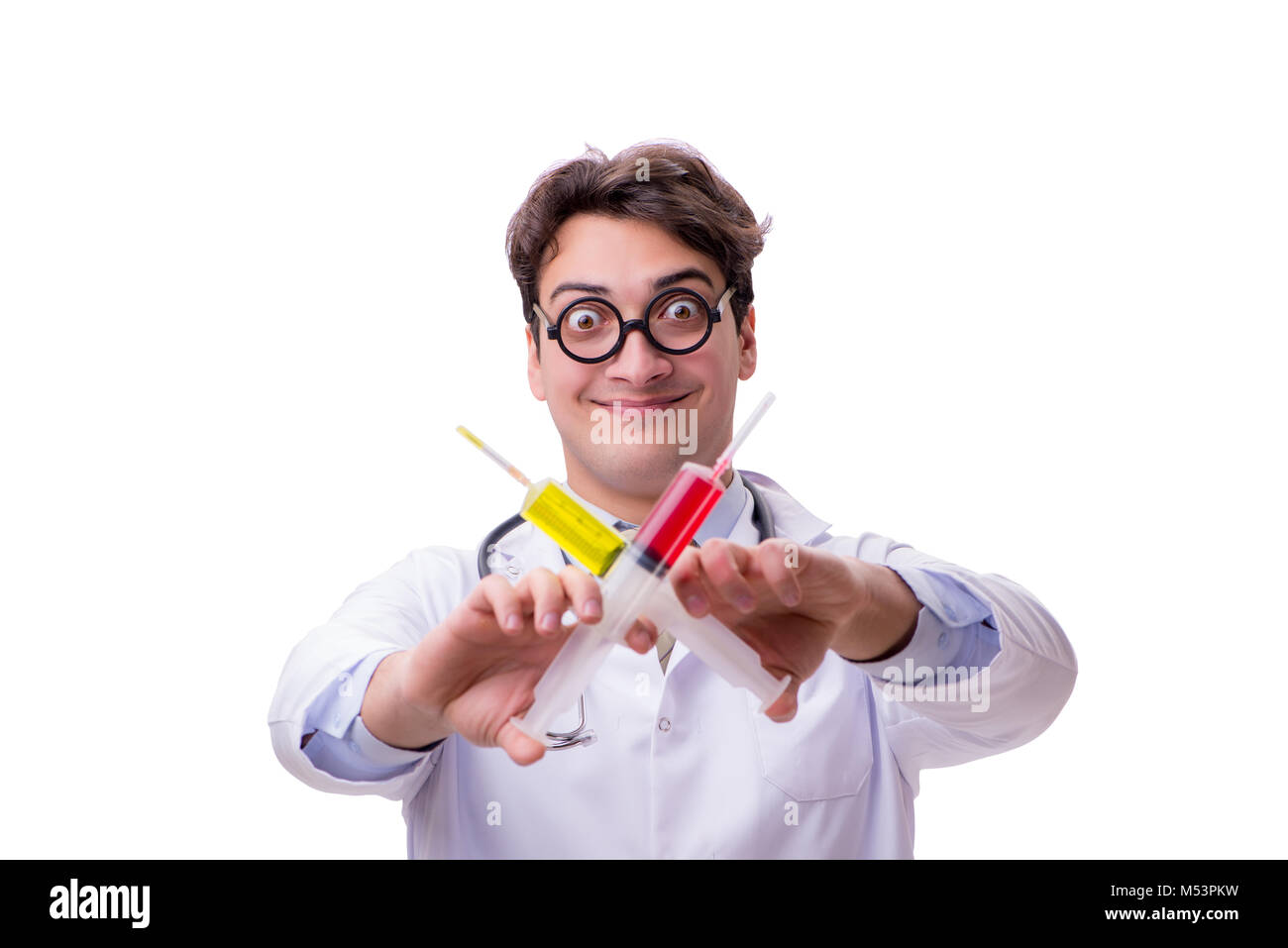 Funny doctor with syringe isolated on white Stock Photo - Alamy