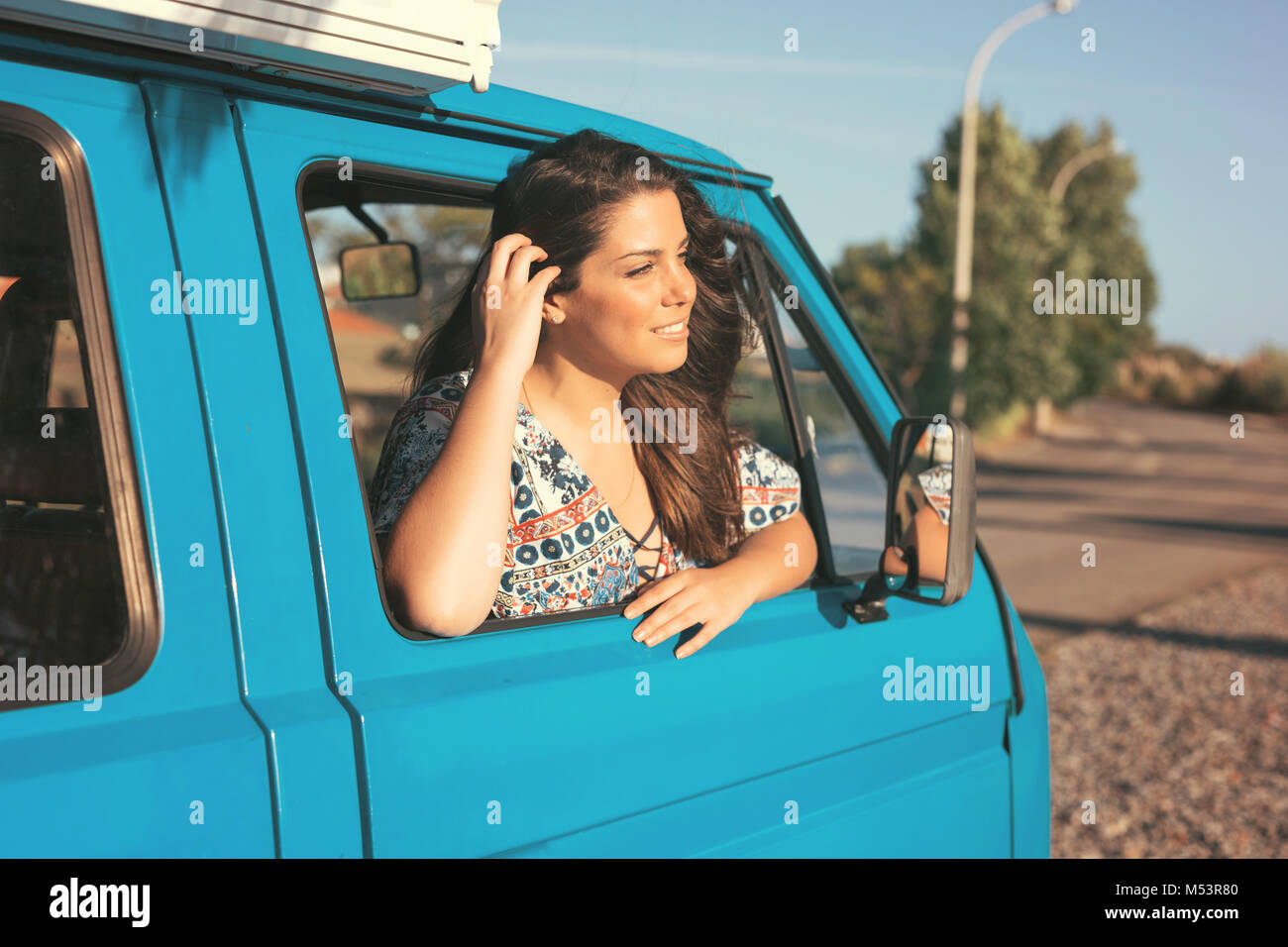 summer holidays, road trip, travel and people concept, young woman ...