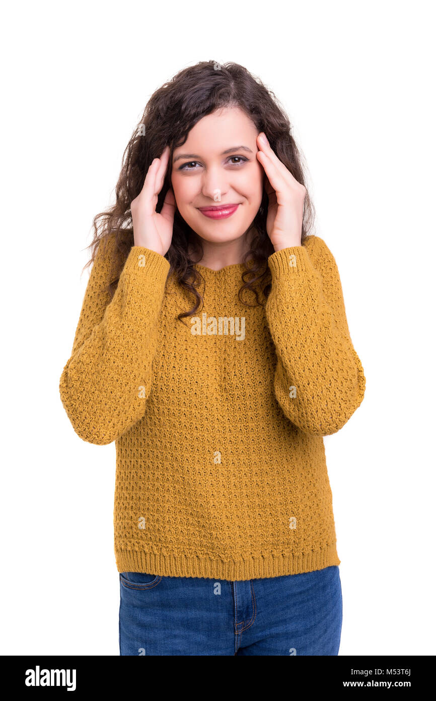 Young woman with a strong headache, isolated over white background ...