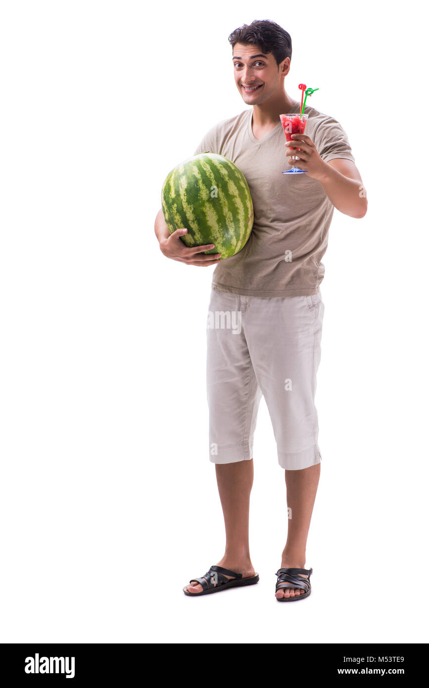 Young man with watermelon isolated on white Stock Photo - Alamy