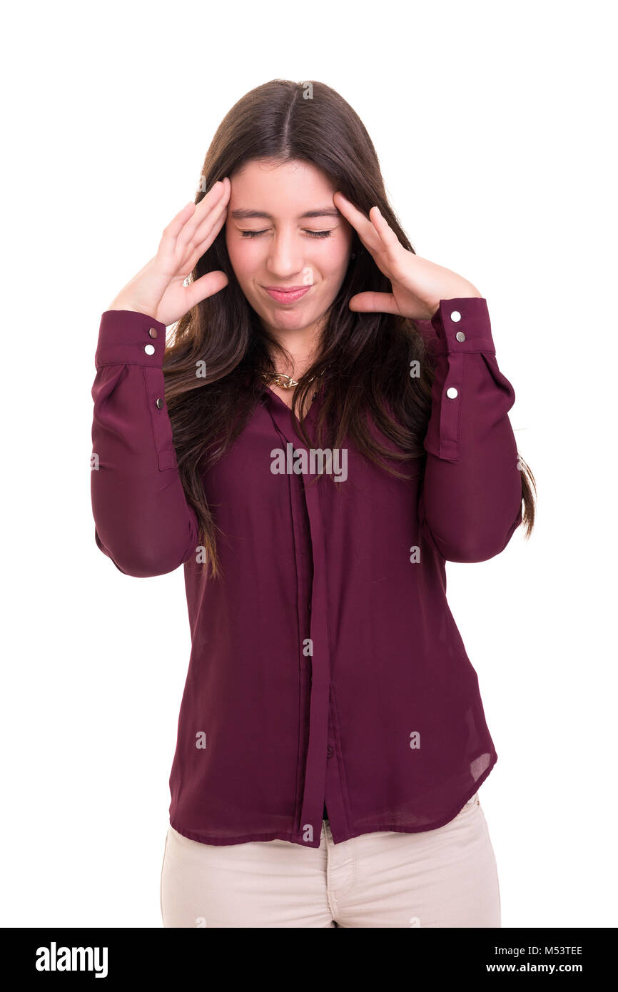 Young woman with a strong headache, isolated over white background ...